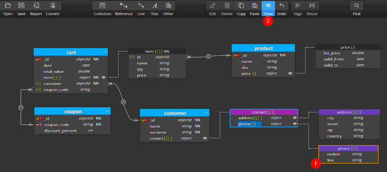 Moon Modeler | Objects on Diagrams for MongoDB